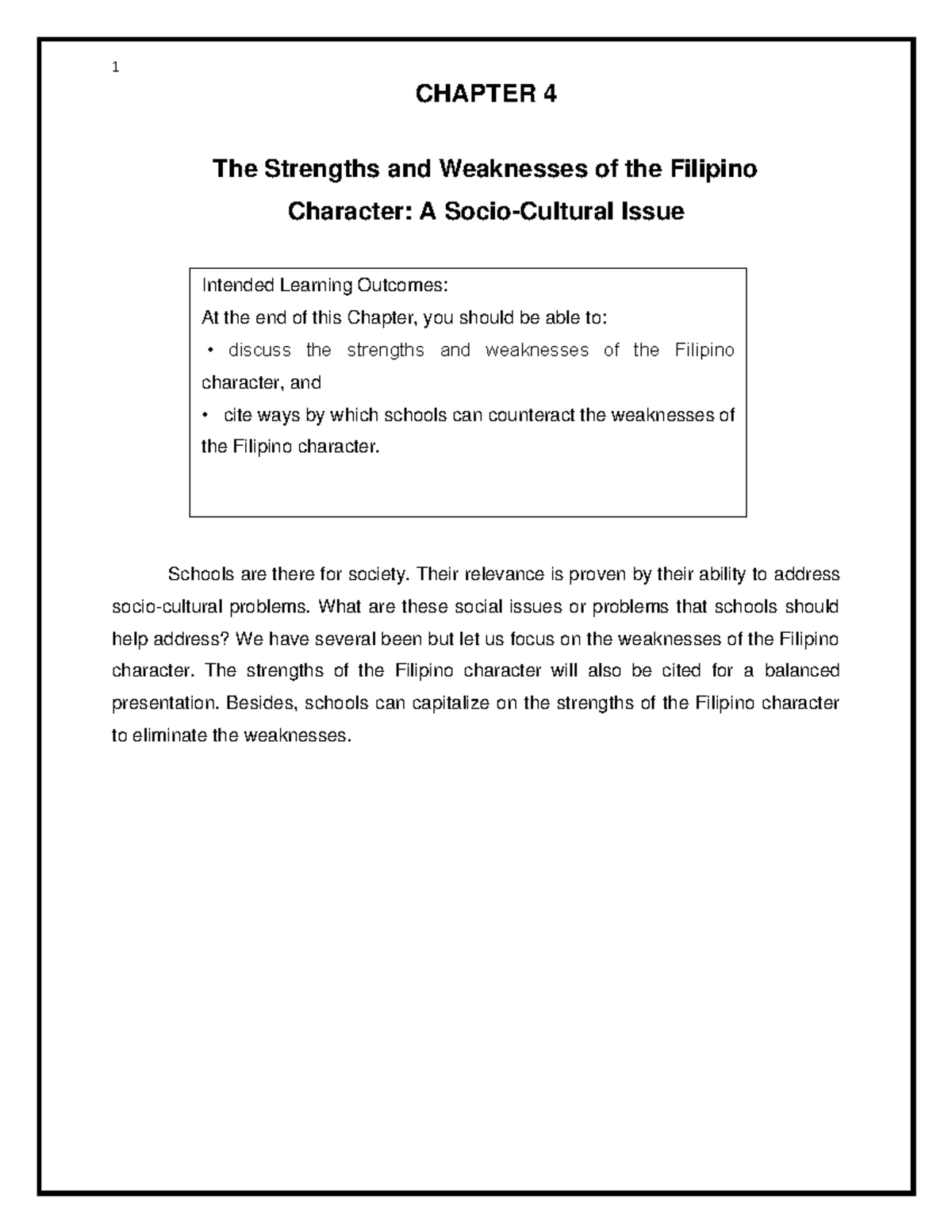 Chapter 4: Analyzing Strengths & Weaknesses of Filipino Character - Studocu