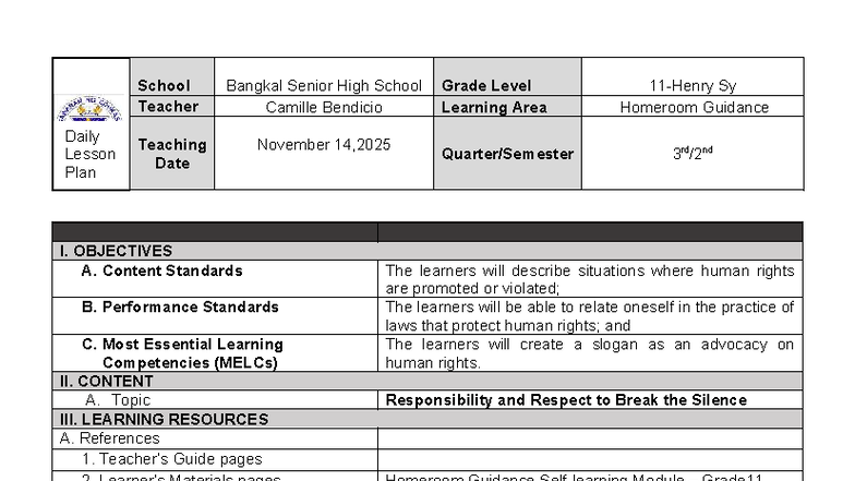 HGP- Daily Lesson Plan on Human Rights Advocacy - Nov 14, 2025 - Studocu