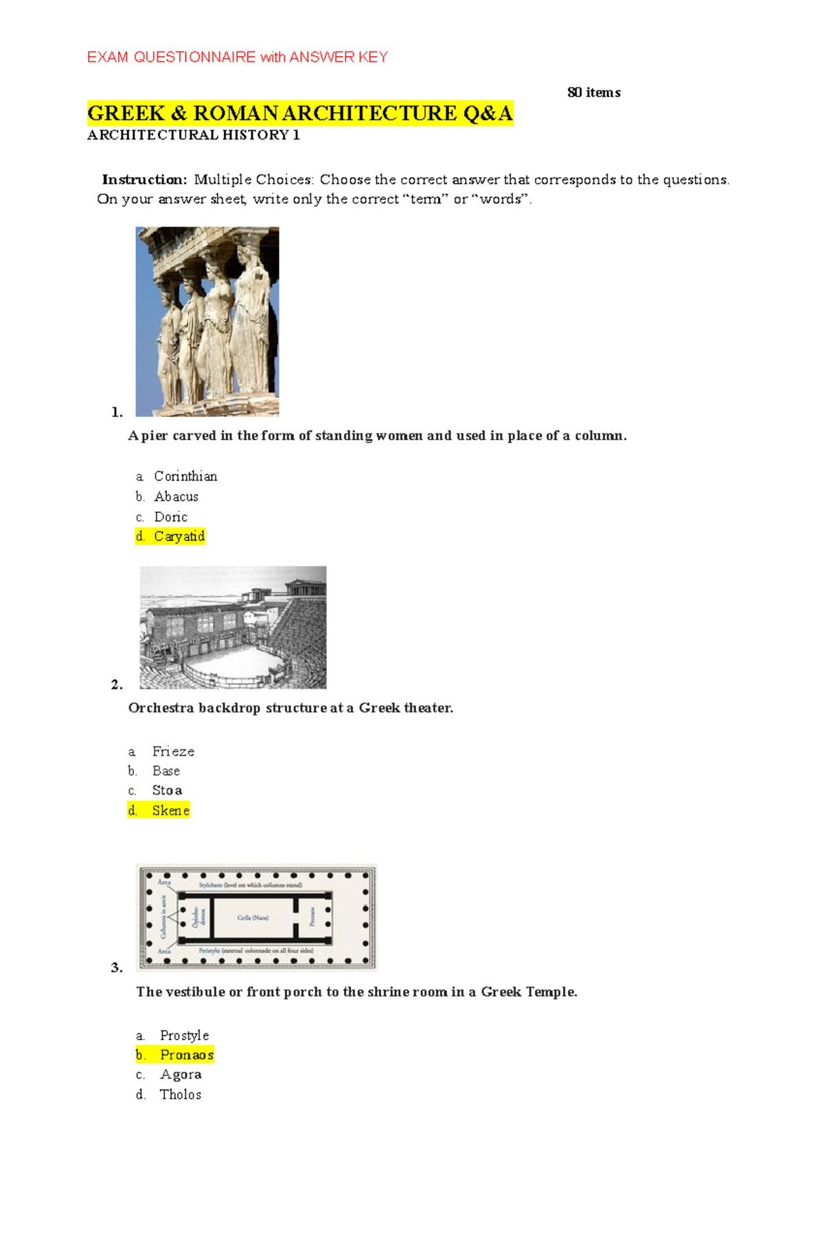 Greek & Roman Architecture Exam Q&A with Answer Key (80 Items) - Studocu