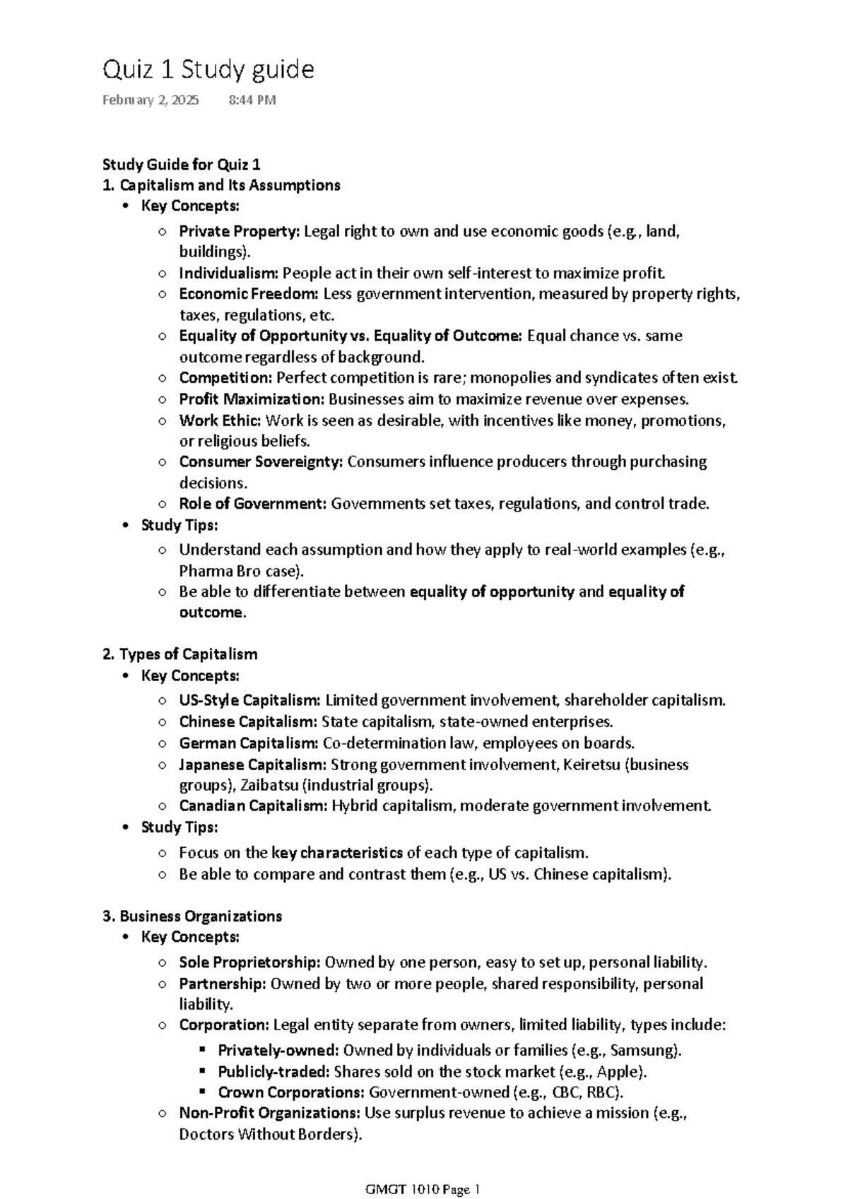 Quiz 1 Study guide - Quiz 1 Prep - Study Guide for Quiz 1 Capitalism ...