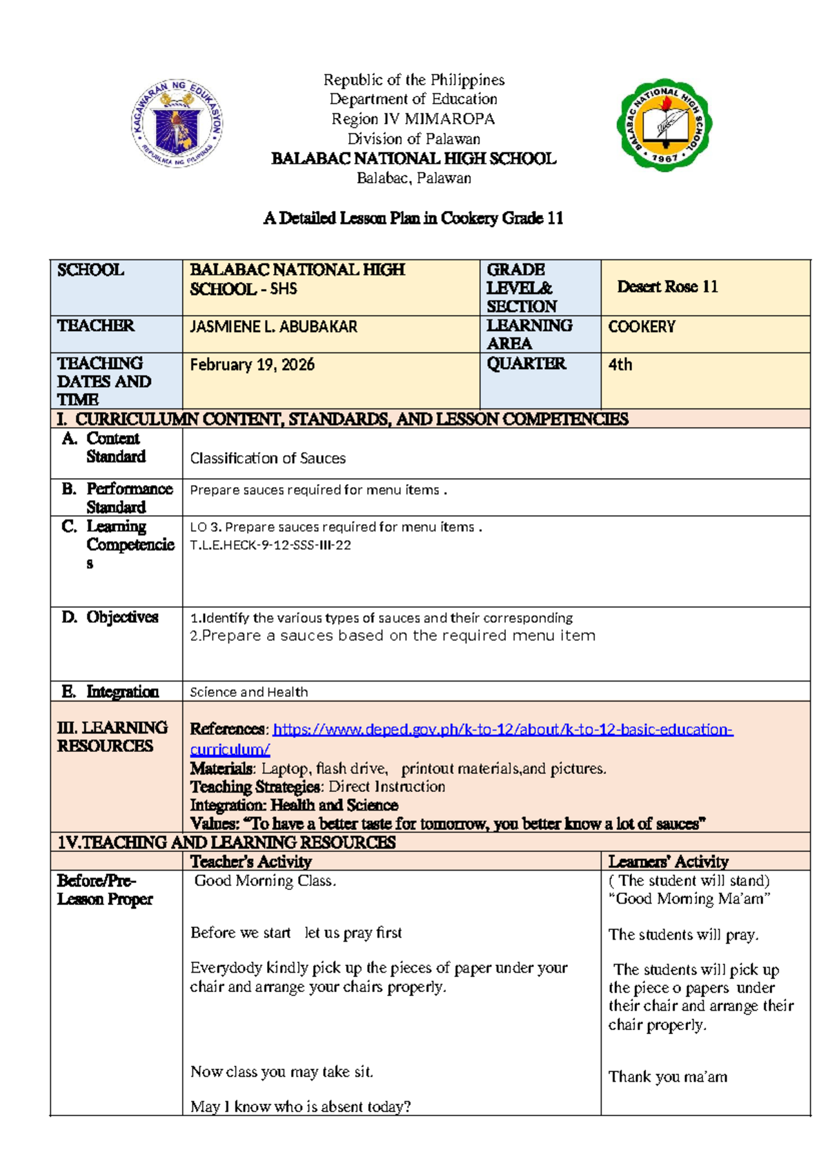 Detailed Lesson Plan in Cookery (Grade 11) - Sauces Classification ...