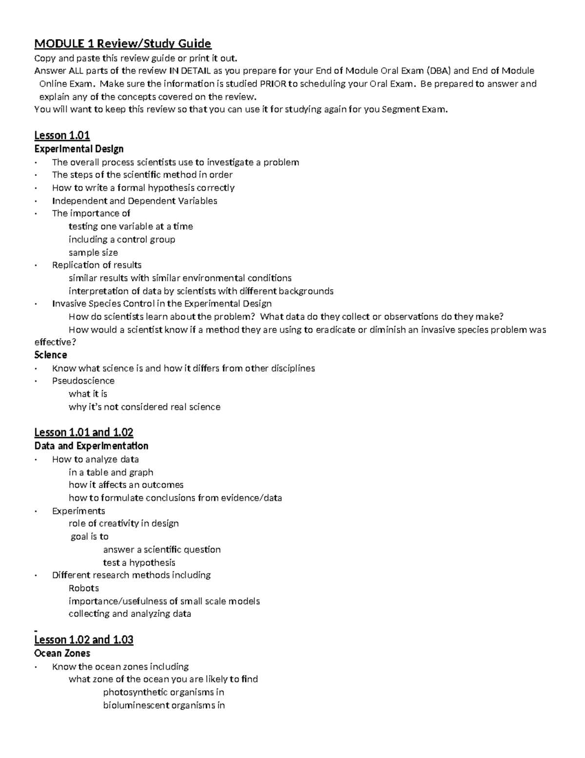 DBA Module 1 Exam Review: Experimental Design & Ocean Zones Guide - Studocu