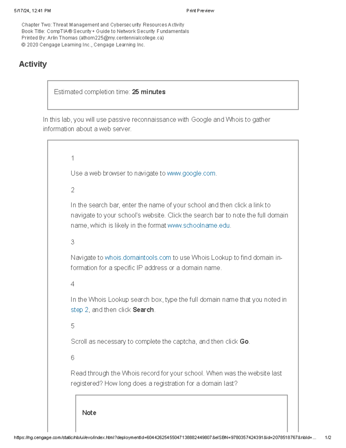 Lab2 manual book - Chapter Two: Threat Management and Cybersecurity Resources Activity Book ...
