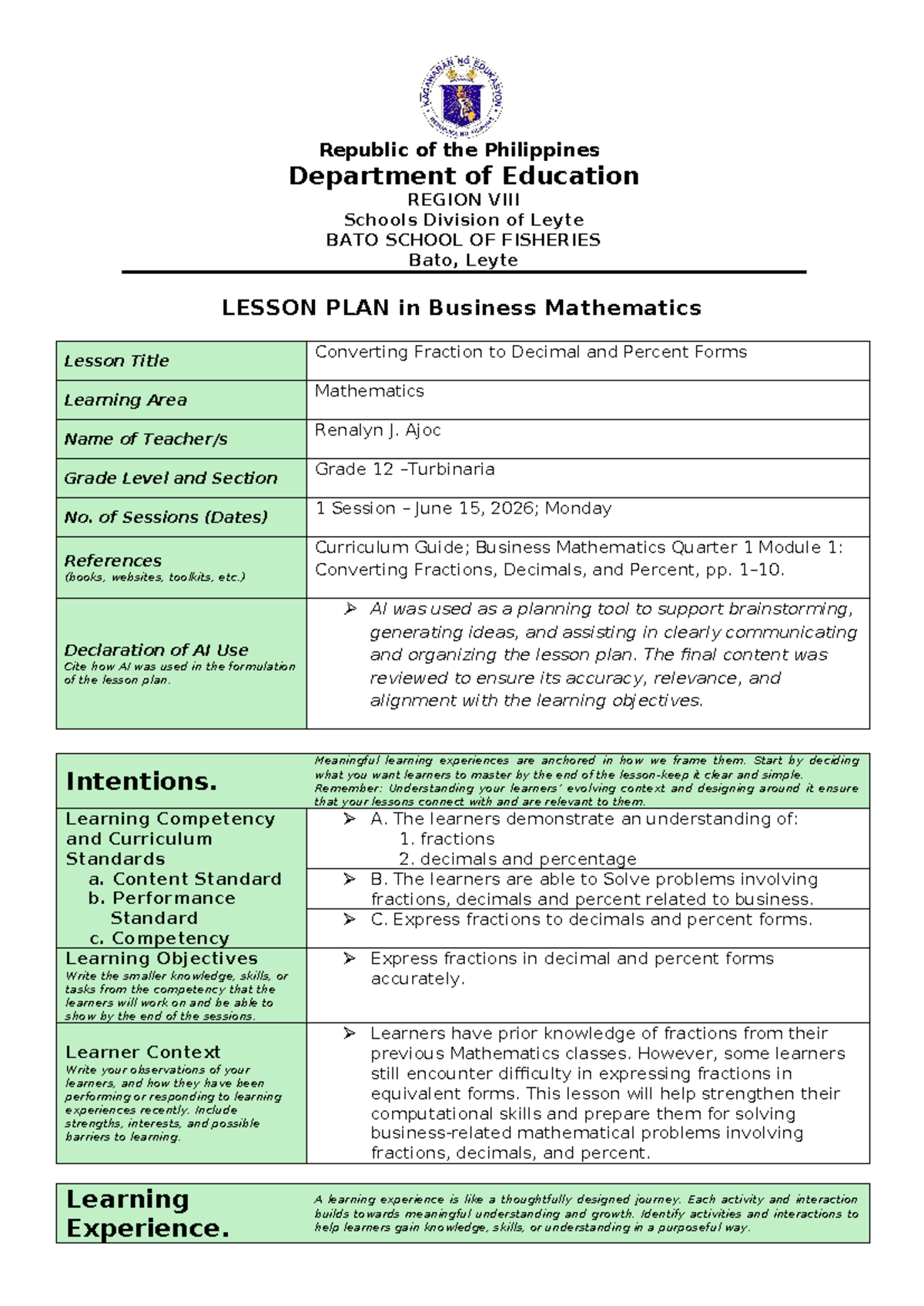 BATO SCHOOL OF FISHERIES G12 Lesson Plan: Converting Fractions to ...