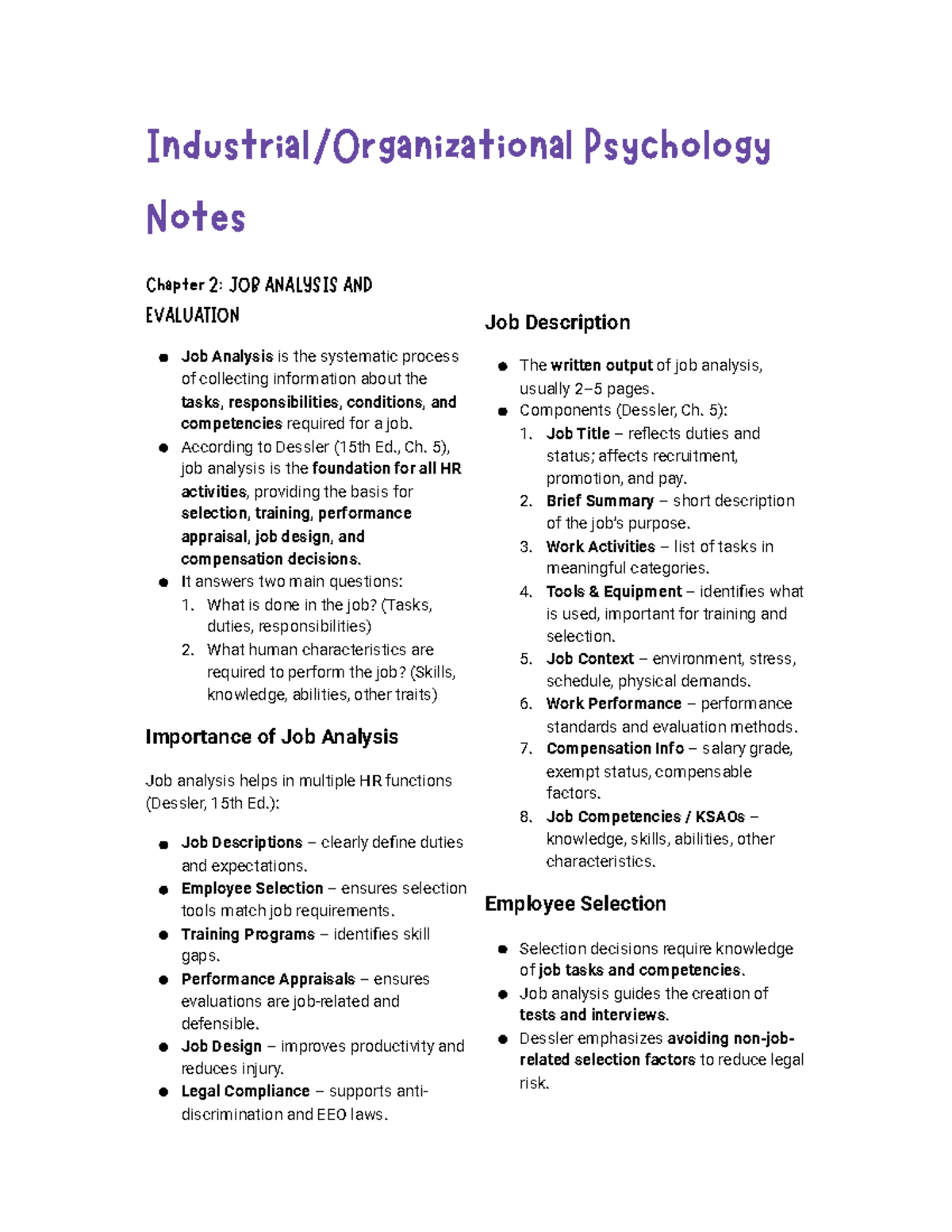 Psychology Notes: Chapter 2 - Job Analysis & Evaluation (PSY 101) - Studocu