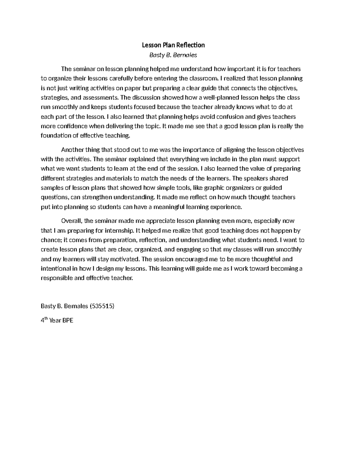 Lesson Plan Reflection: Insights from Basty B. Bernales (BPE 535515 ...