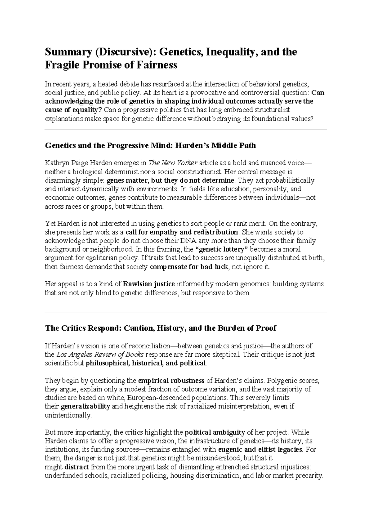 Genetics and Inequality: A Critical Summary of Perspectives - Studocu