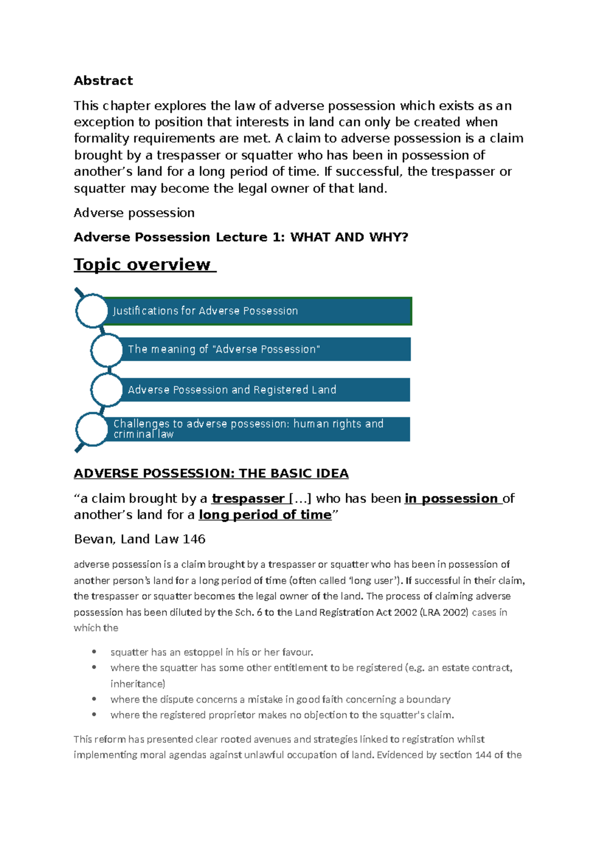 Adverse Possession Lecture Notes: Understanding Land Law (LAW 146 ...