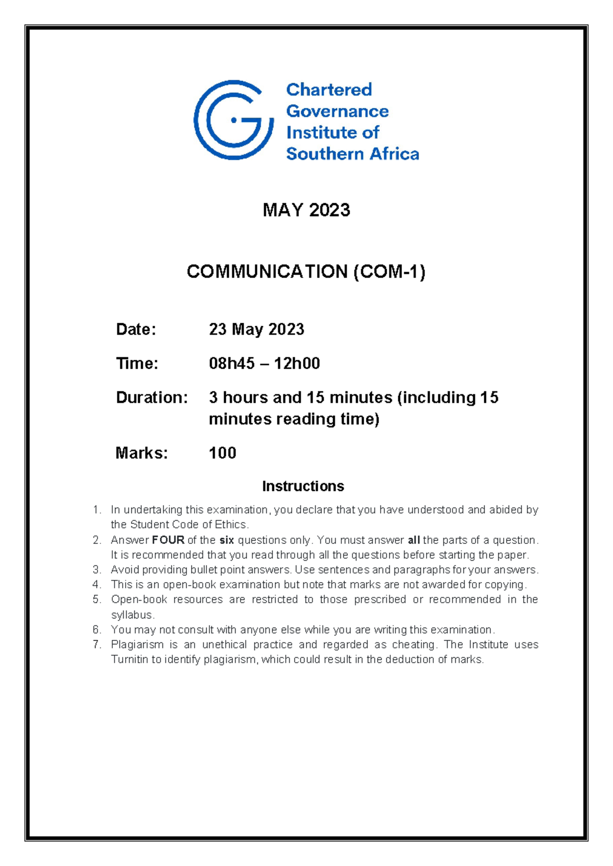 Communication Exam Paper May 2023 (COM-1) - 100 Marks - Studocu