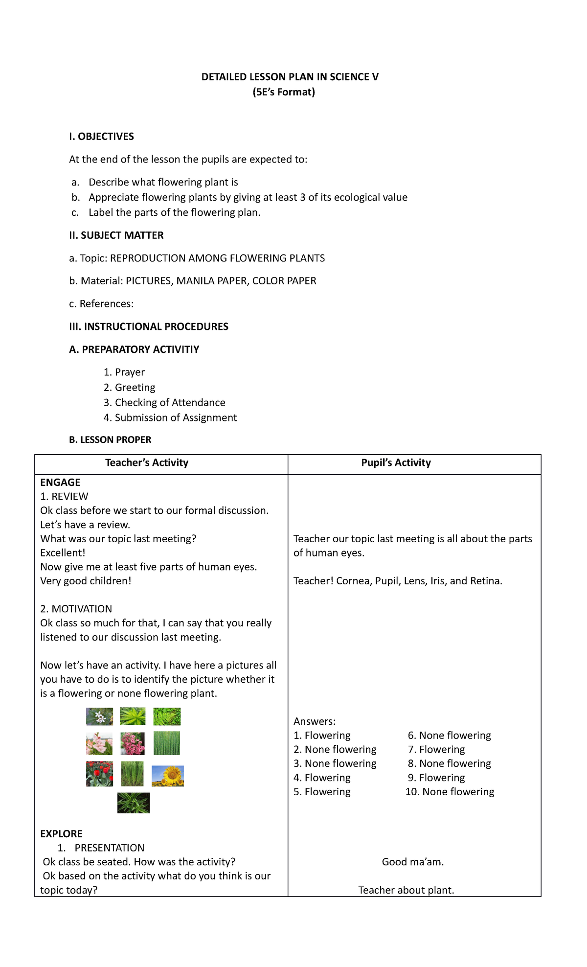 5E's Lesson Plan: Reproduction in Flowering Plants - Science V - Studocu