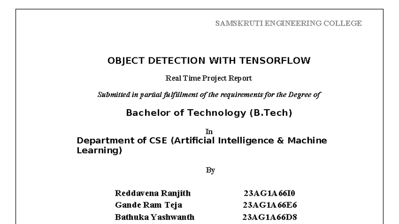 B.Tech Project Report: Object Detection with TensorFlow (CSE AI/ML ...