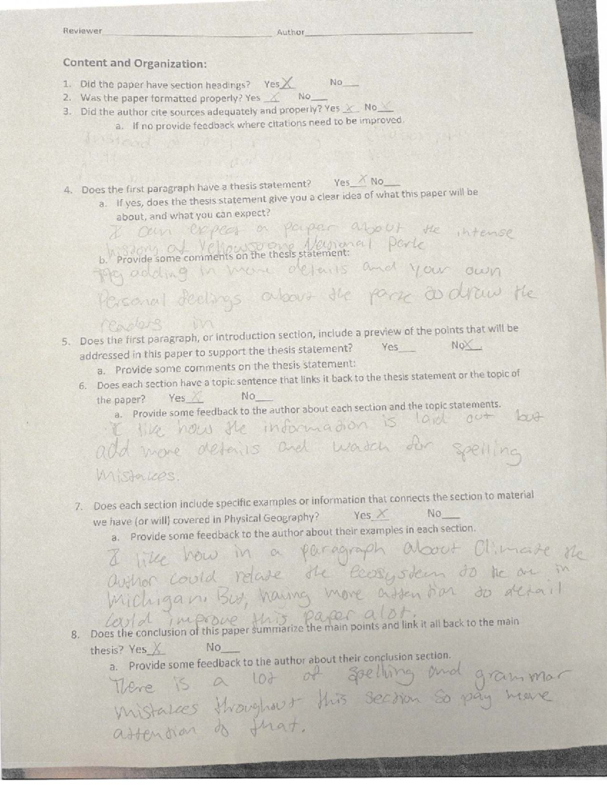 Reviewer Feedback on Paper Organization and Content: GEOG 101 ...