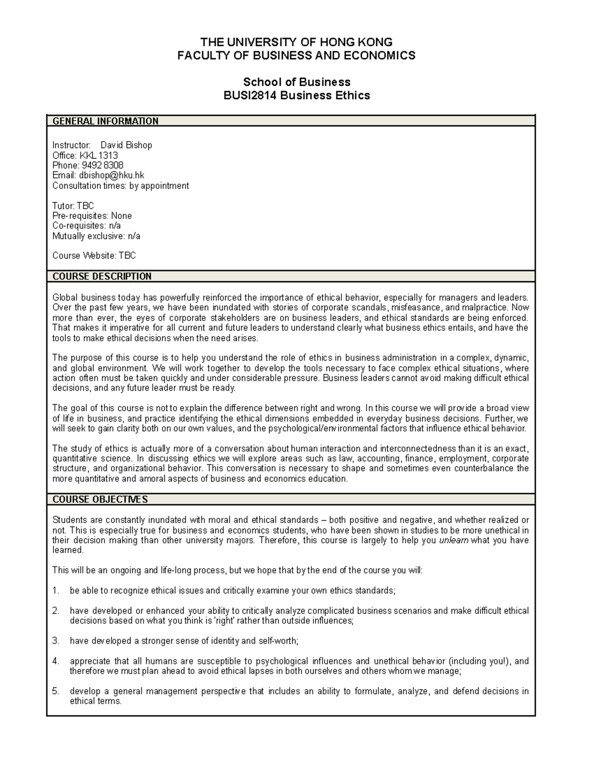 BUSI2814 Business Ethics Course Outline and Learning Objectives (2022 ...