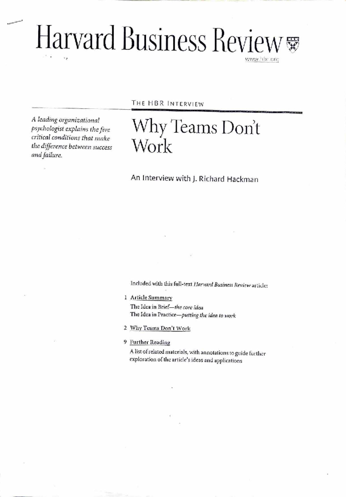 Why Teams Don't Work: Insights from J. Richard Hackman - UTLO - Studocu