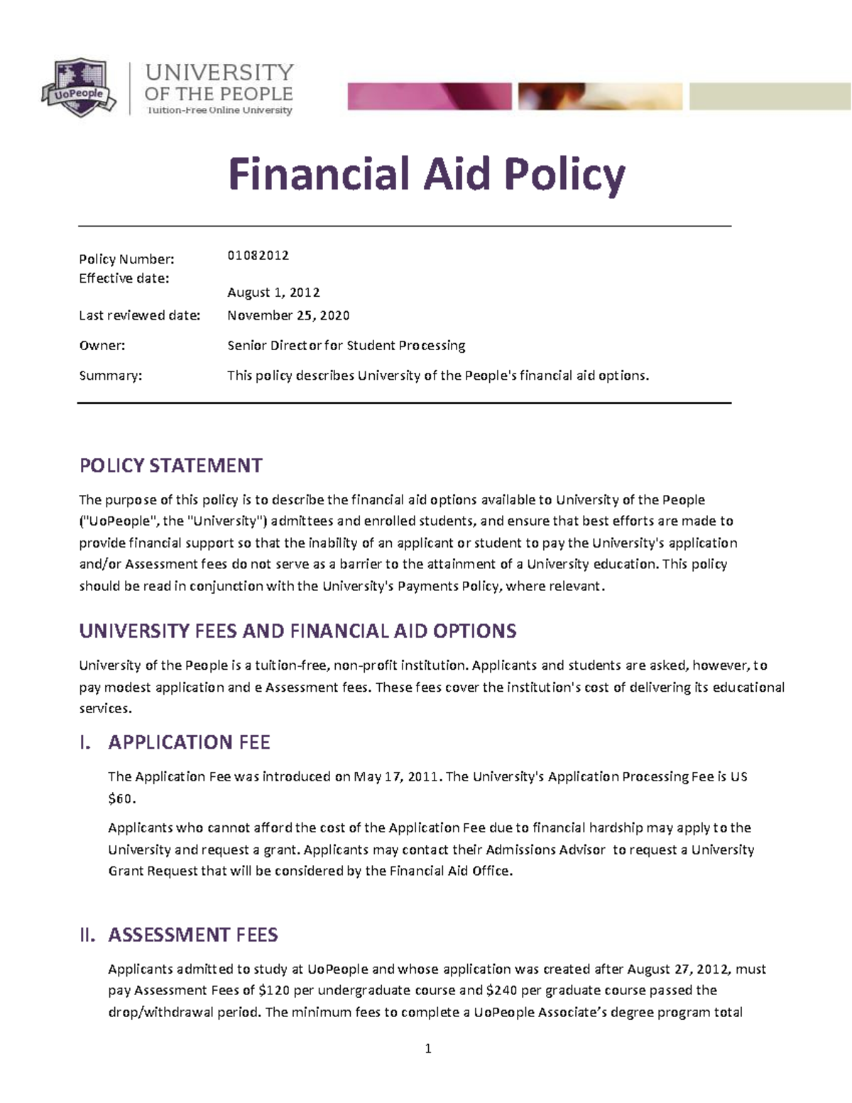 Financial Aid Policy Overview for UoPeople Students - Studocu