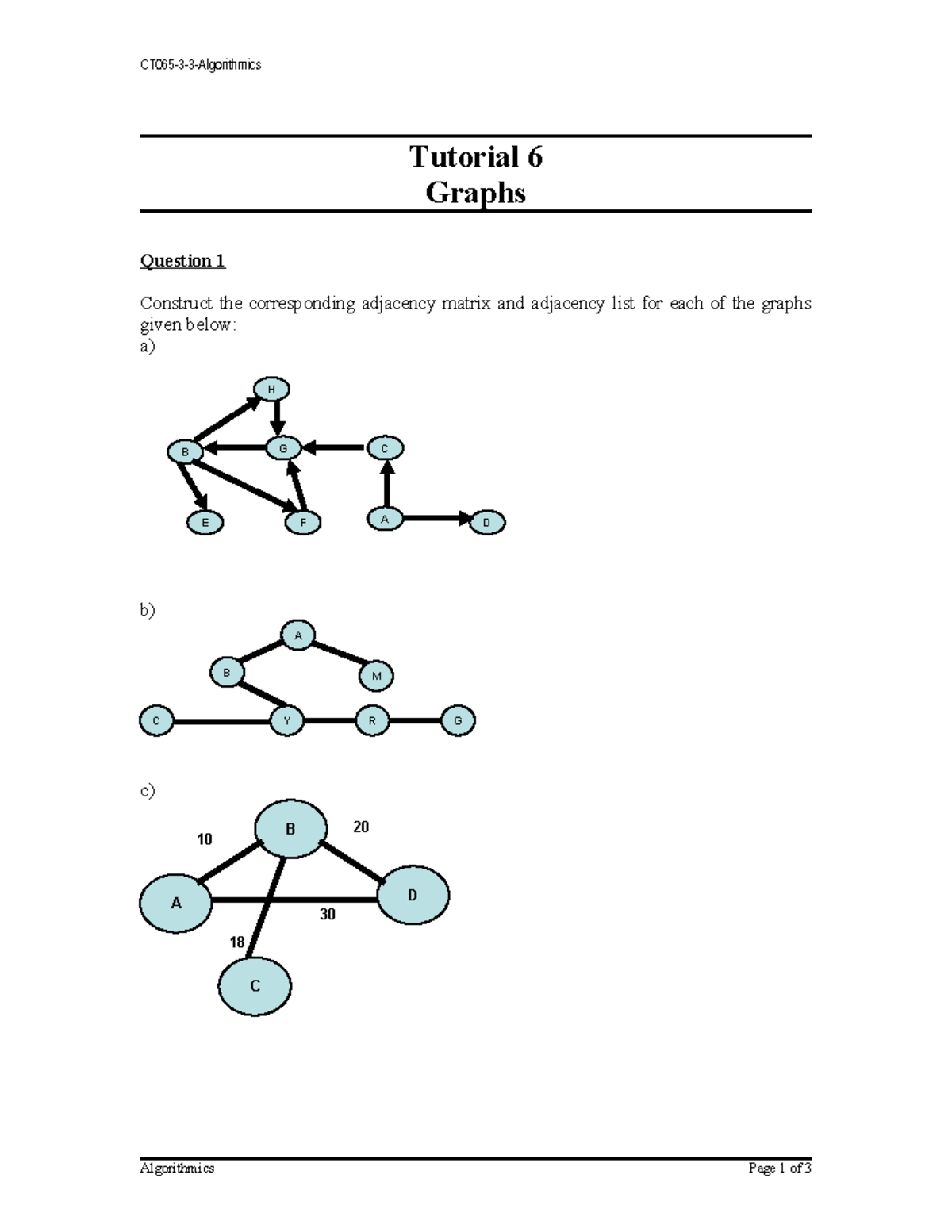 Tutorial 6 -Graph T6 - uii - CT065-3-3-Algorithmics Tutorial 6 Graphs ...