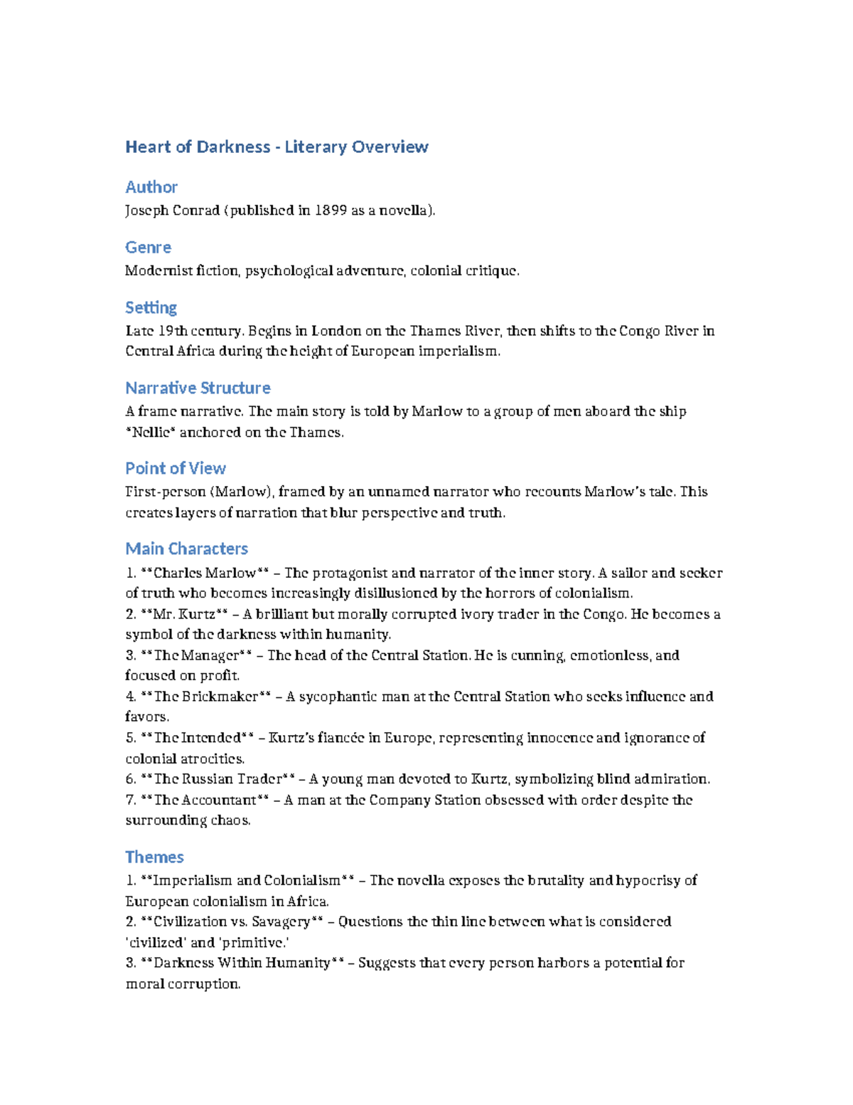 Heart of Darkness (ENG 101) Literary Overview and Analysis - Studeersnel