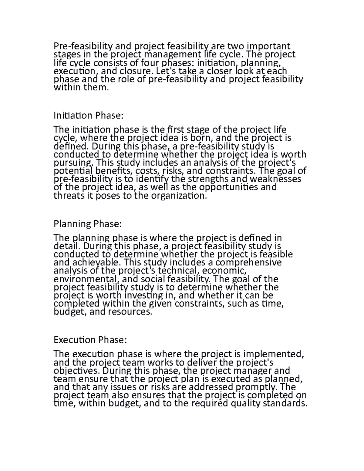 Pre-Feasibility & Project Feasibility in the Project Life Cycle - Studocu