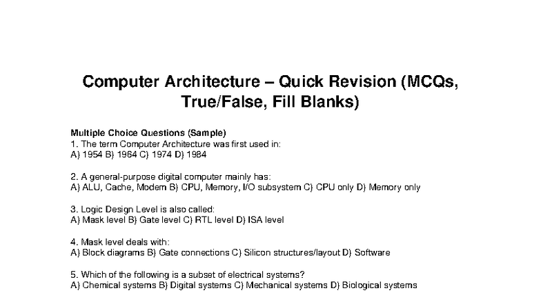 Computer Architecture Quick Revision (MCQs & True/False) - Studocu