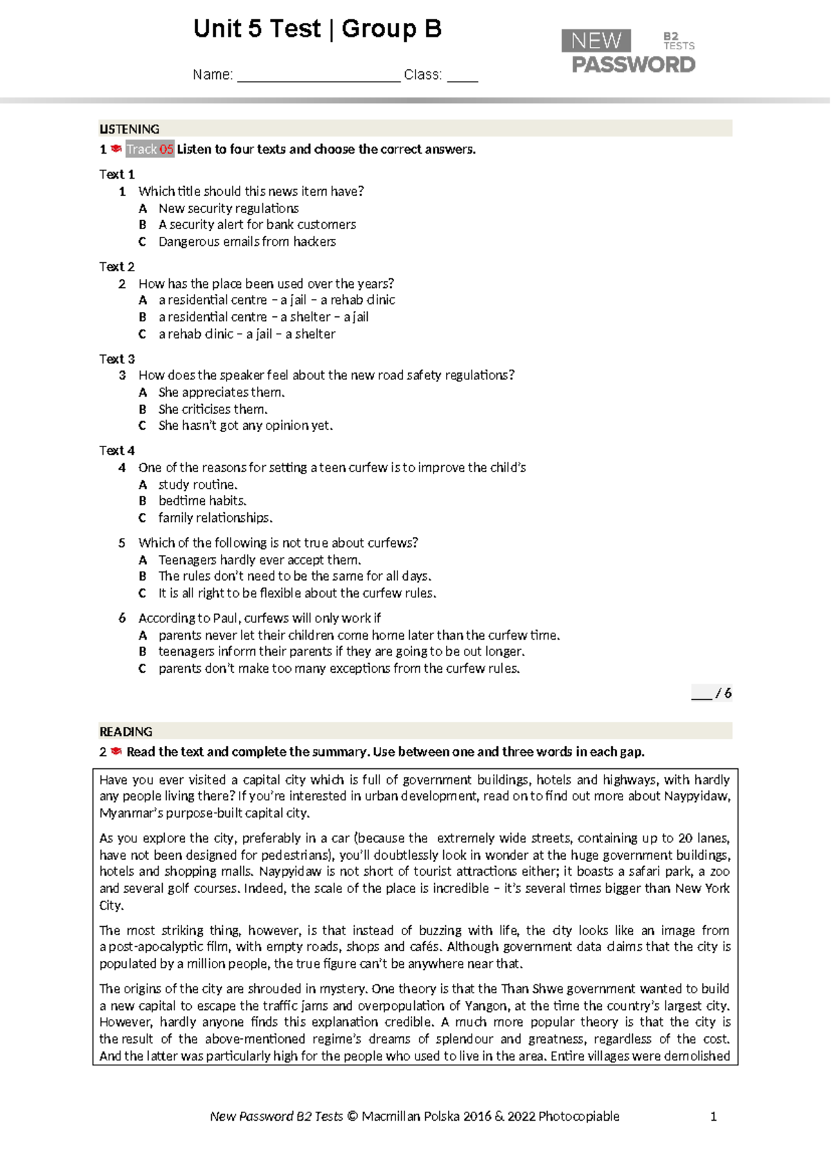 Unit 5 Test B2 - Listening, Reading, Language & Vocabulary - Studocu