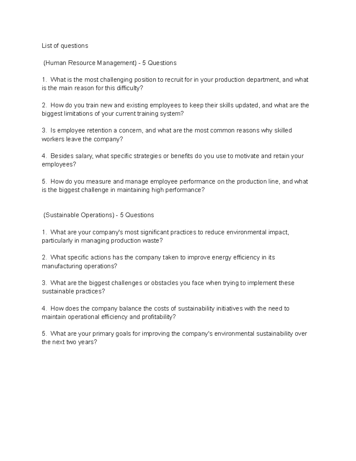 List of Questions - HRM & Sustainable Ops (Training Focus) - Studocu