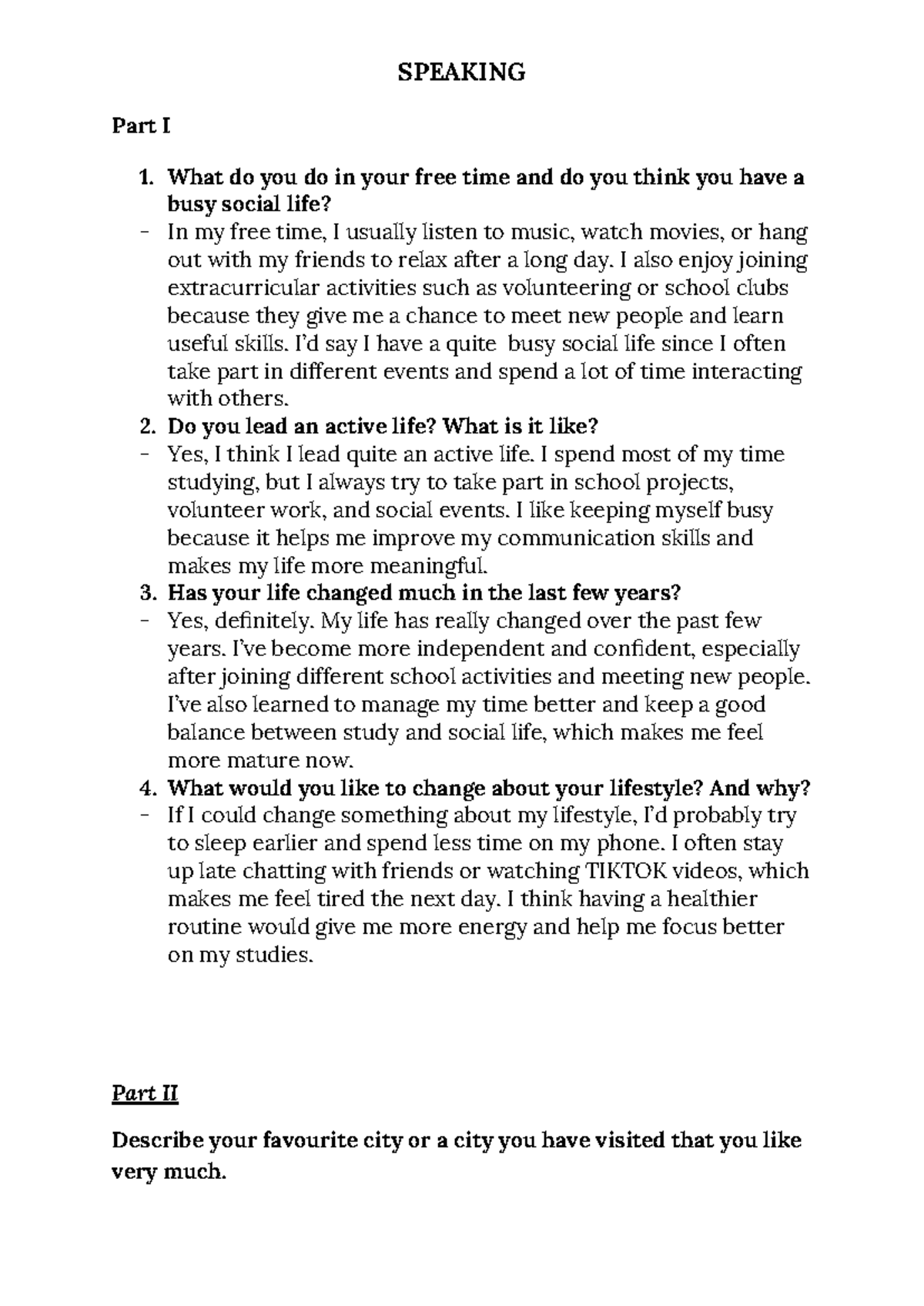 SPEAKING Part I & II: Lifestyle Reflections and City Preferences - Studocu