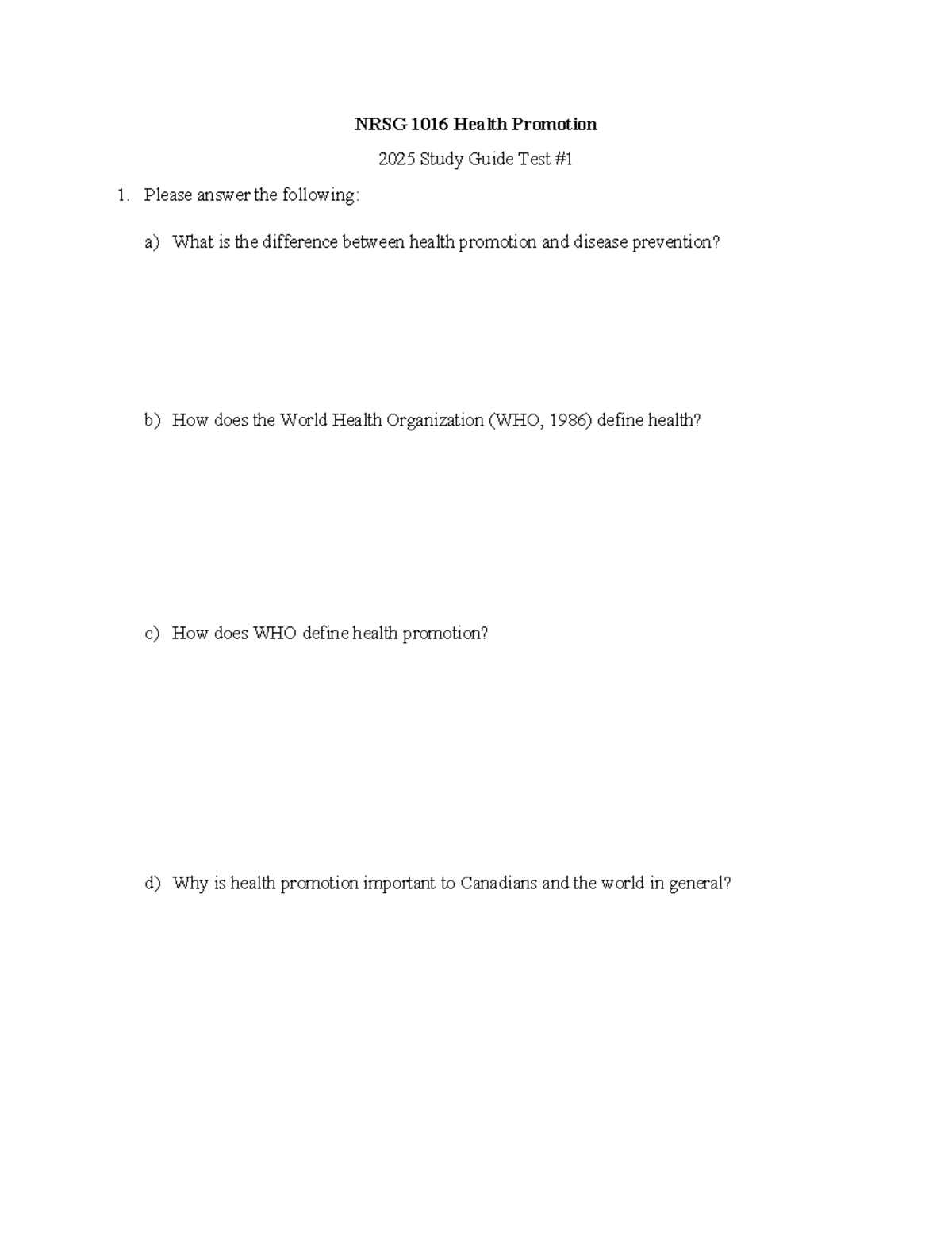 NRSG 1016 Health Promotion Test 1 Study Guide 2025 - Studocu