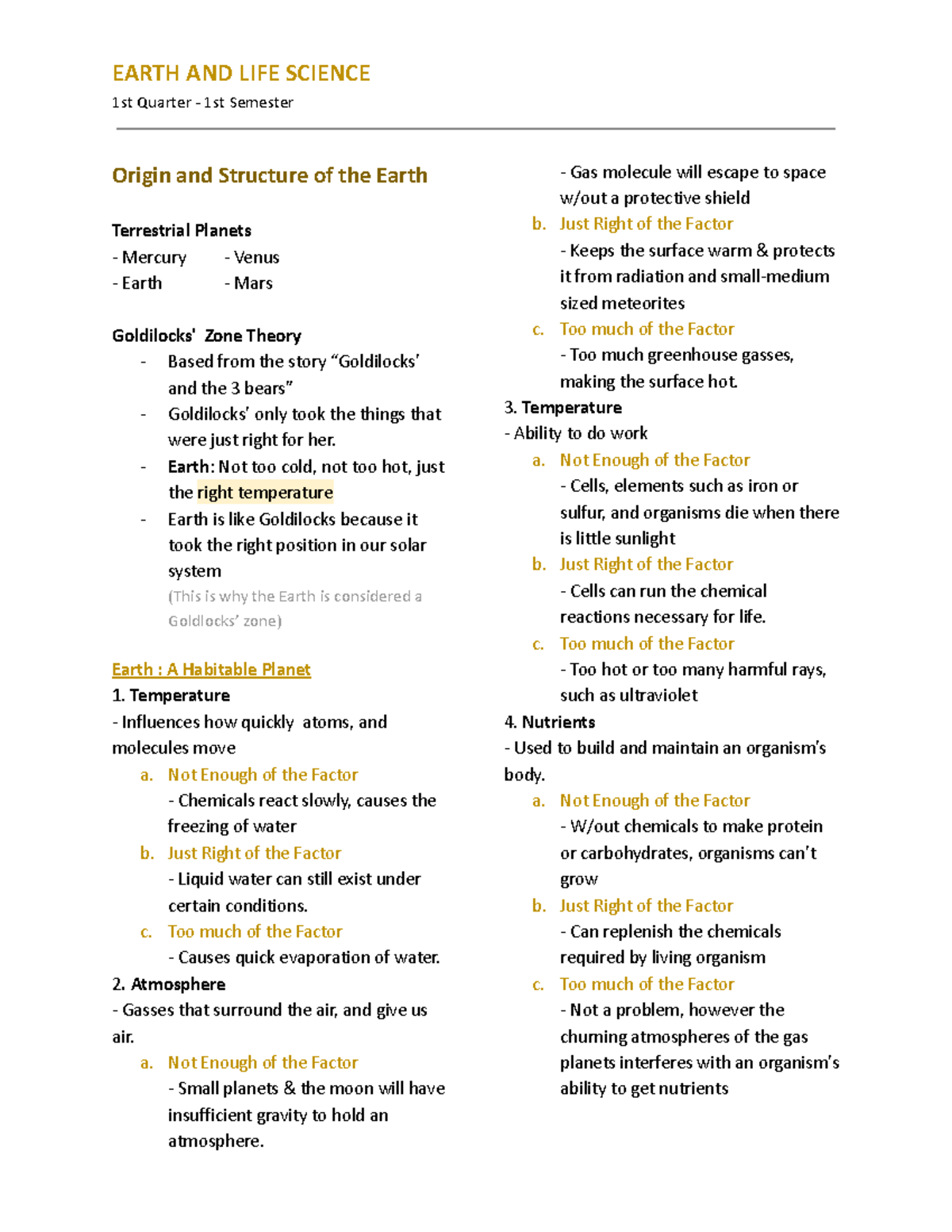 EARTH AND LIFE SCIENCE 1st Quarter 1st Semester Comprehensive Study ...