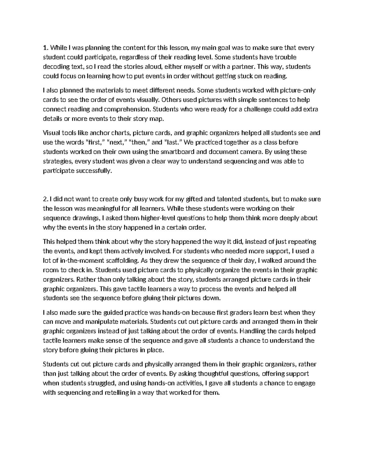 D187 - Task 3 - Engaging First Graders in Sequencing Activities - Studocu