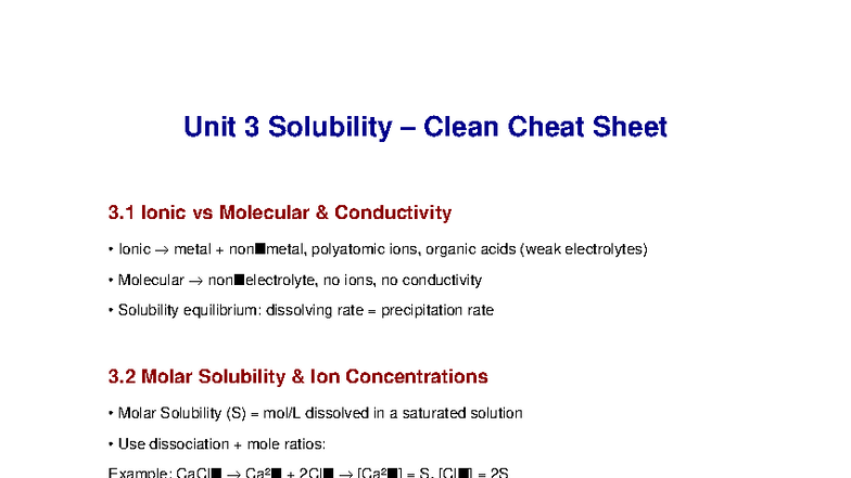 Unit 3 Solubility Cheat Sheet: Ionic vs Molecular Conductivity - Studocu