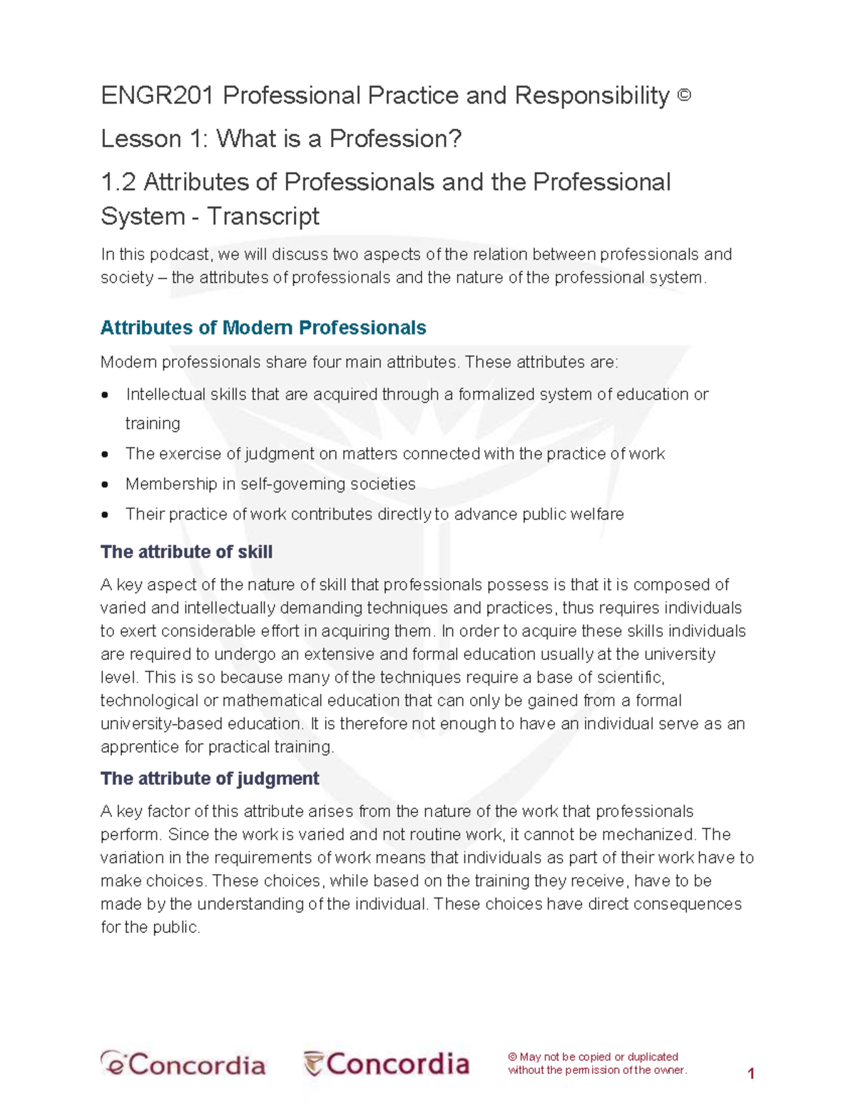 ENGR201 Professional Practice Lesson 1: Attributes of Professionals ...
