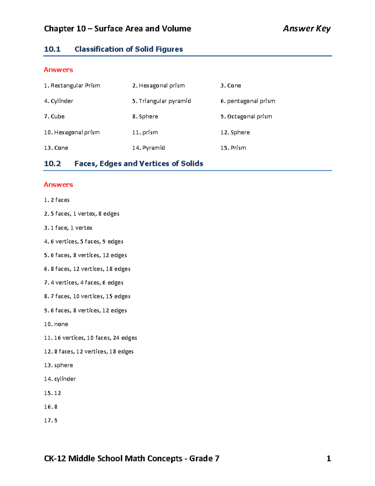 Answer Key for CK-12 Grade 7 Math: Chapter 10 Concepts and Solutions ...