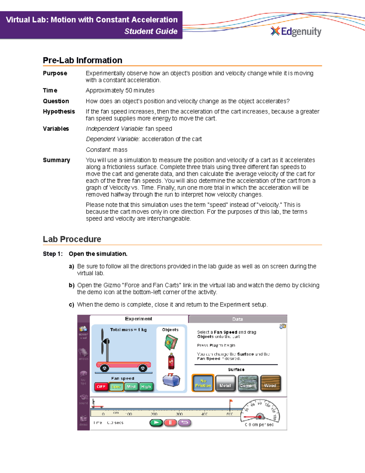 Virtual Lab Guide - Motion with Constant Acceleration- Student Guide ...