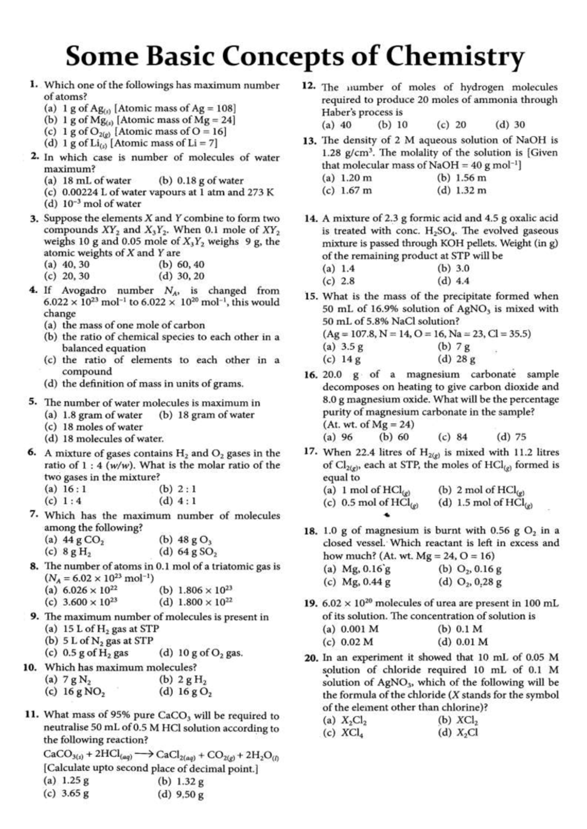 Basic Concepts of Chemistry: Practice Questions and Answers - Studocu