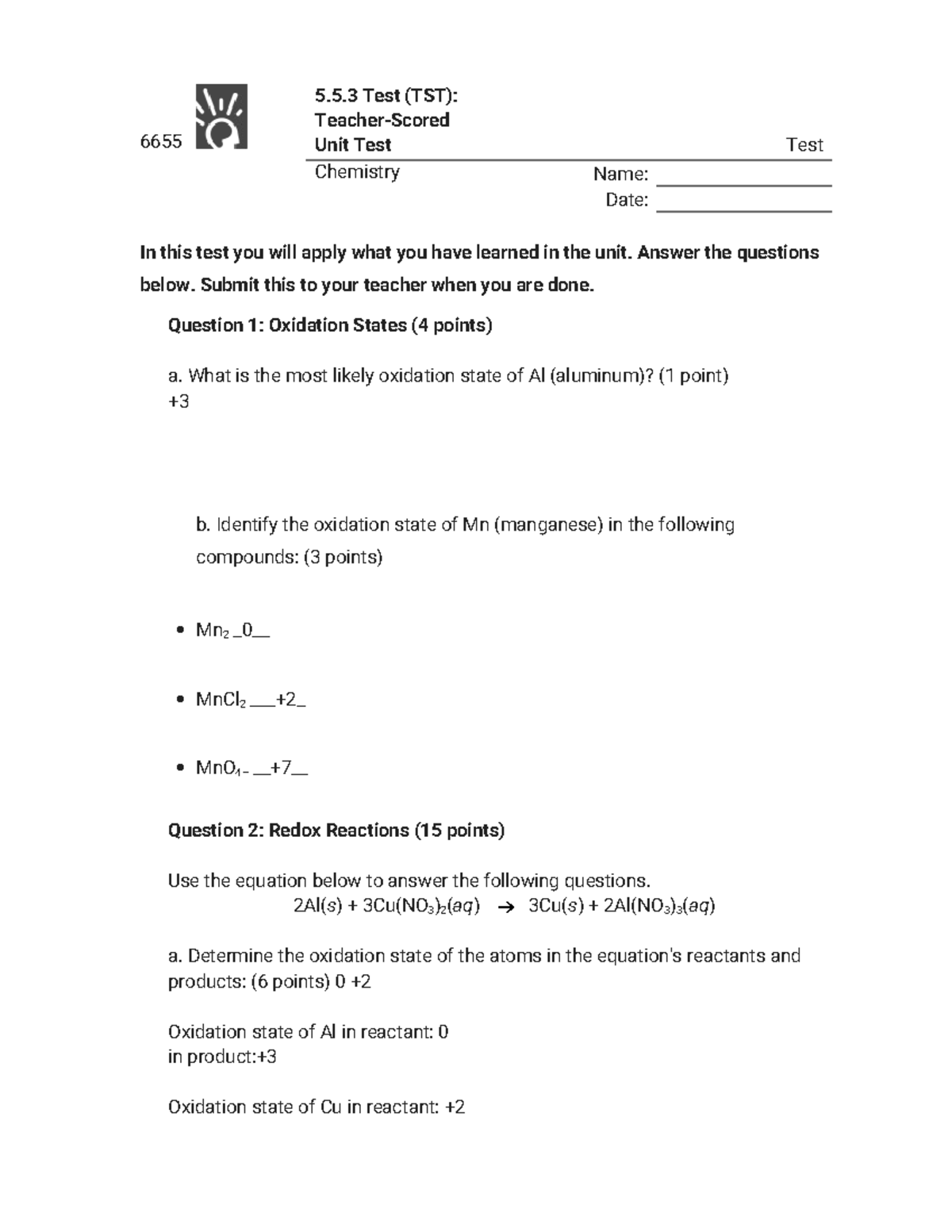 5.5.3 TST - Teacher-Scored Unit Test on Redox Reactions and Equations ...