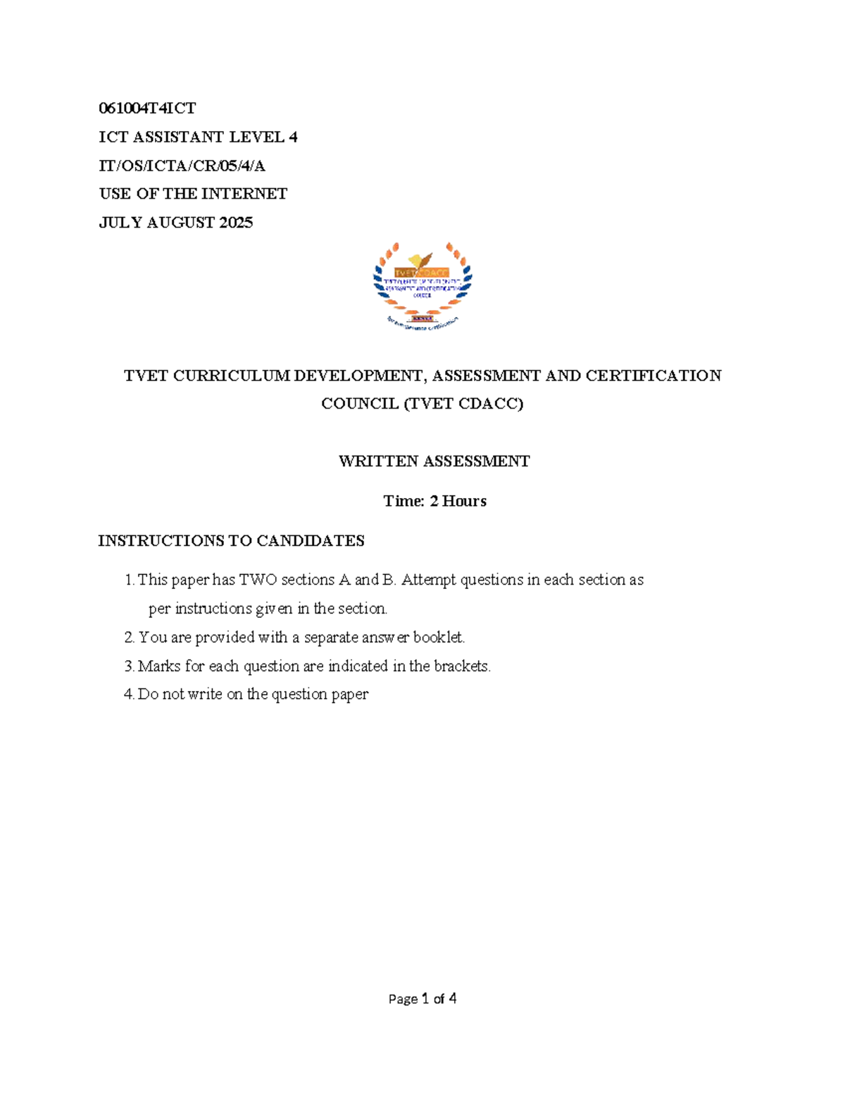 061004T4ICT ICT Assistant Level 4 Use of Internet End Term Exam 2025 - Studocu