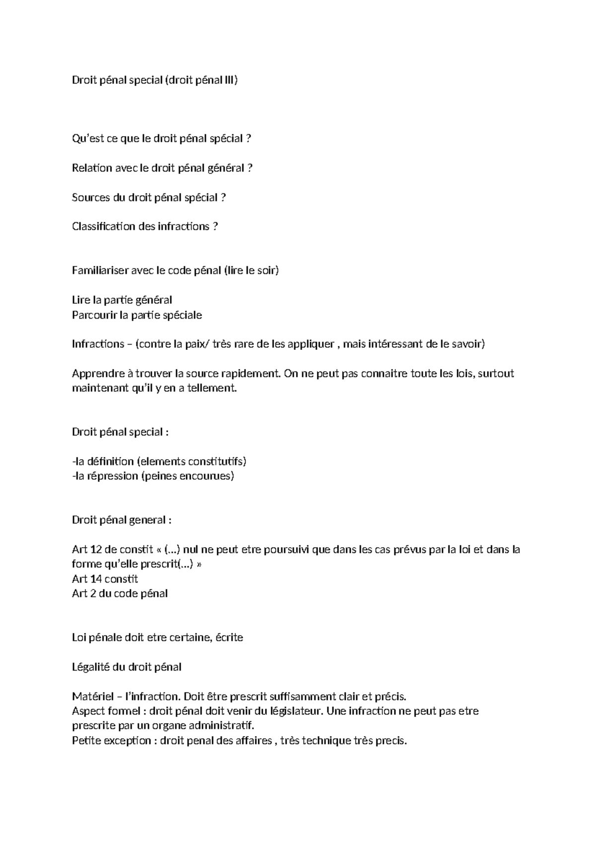 Droit Pénal Spécial - Séance 1: Concepts et Infractions - Studocu