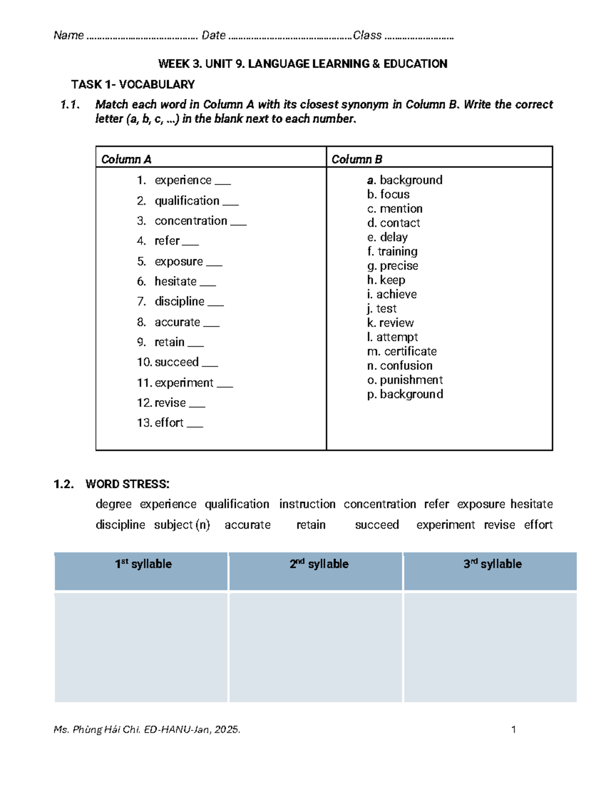 W3 CLC Language & Education: Unit 9 Vocabulary & Grammar Tasks - Studocu