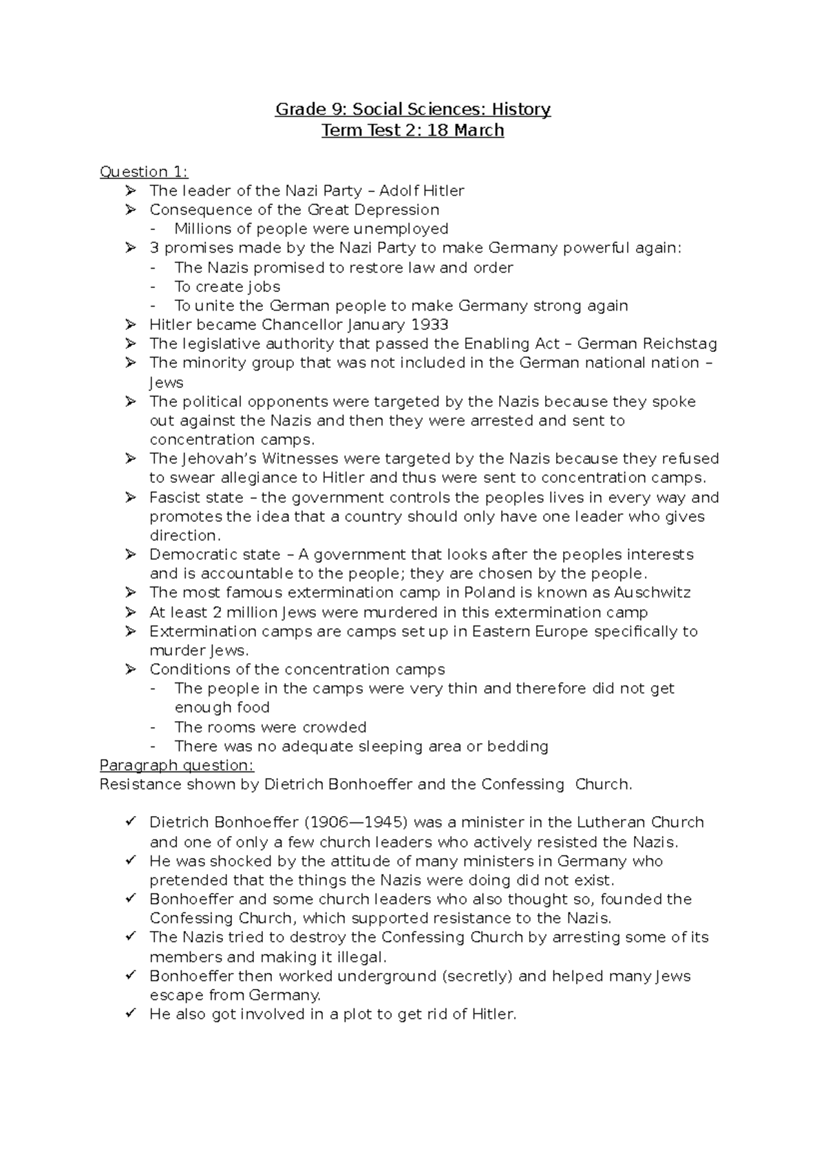Grade 9 Social Sciences: History Term Test 2 Study Notes - Studocu
