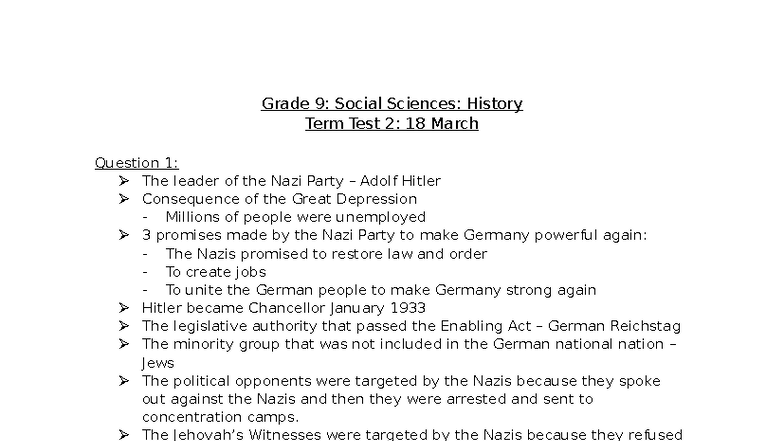 Grade 9 Social Sciences: History Term Test 2 Study Notes - Studocu