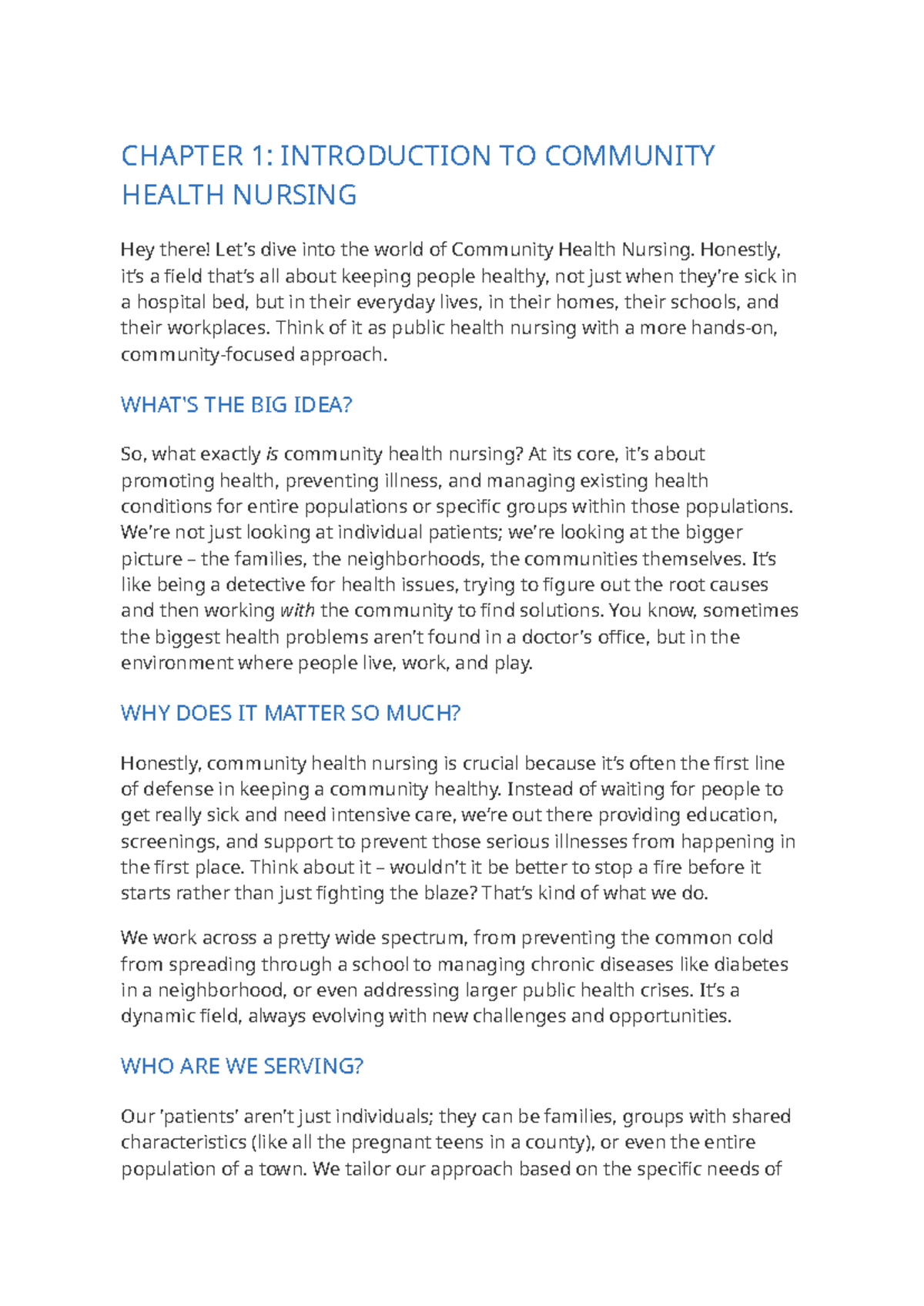 CHAPTER 1: INTRO TO COMMUNITY HEALTH NURSING Overview - Studocu