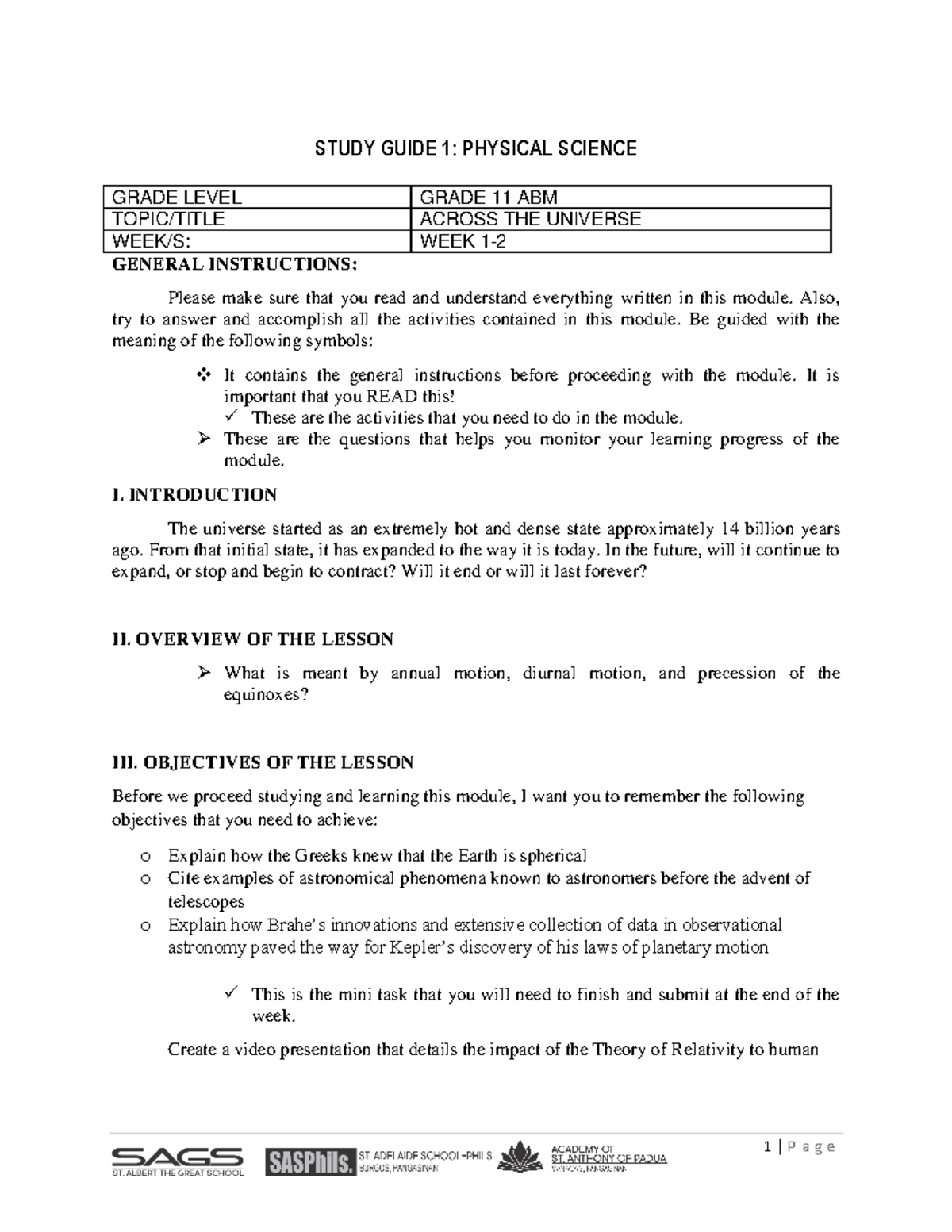 Study Guide for Physical Science 11 ABM: Weeks 1-6 Overview - Studocu
