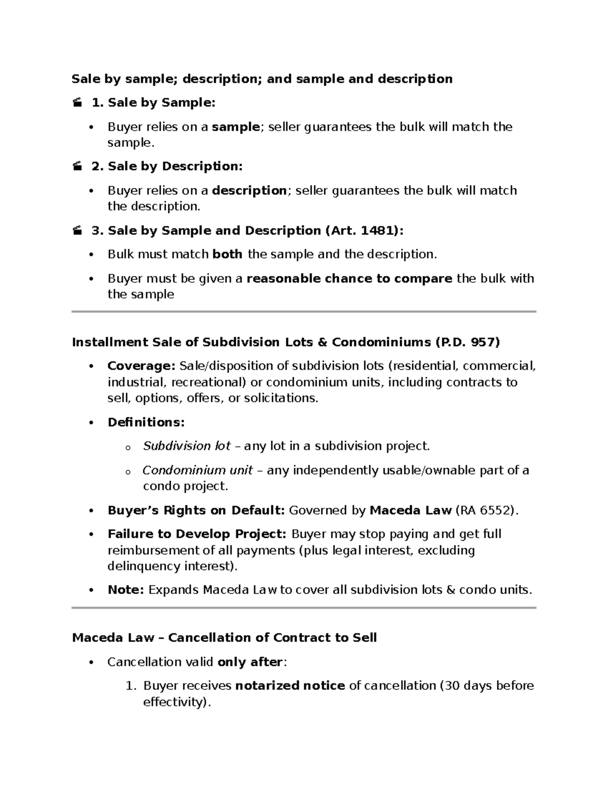 Sale by Sample and Description: Legal Overview and Guidelines - Studocu