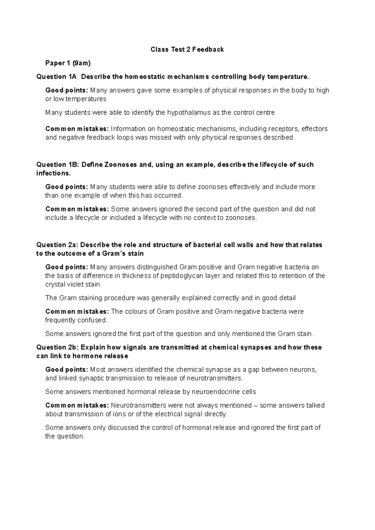 Class Test 2 Feedback: Homeostasis, Zoonoses, and More - Studocu