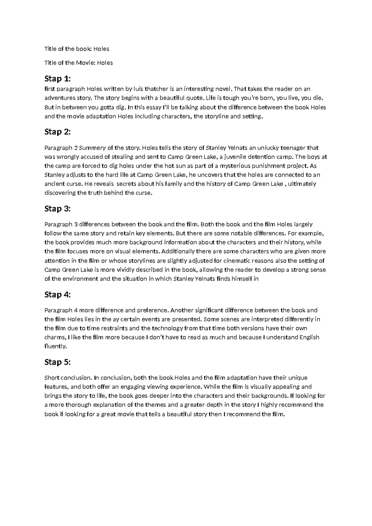 Holes: Comparing the Book and Movie Adaptation Essay Analysis - Studeersnel