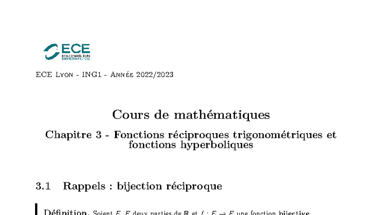 Cours 2022-2023 ECE Lyon ING1 Chapitre 3 : Fonctions Réciproques et ...