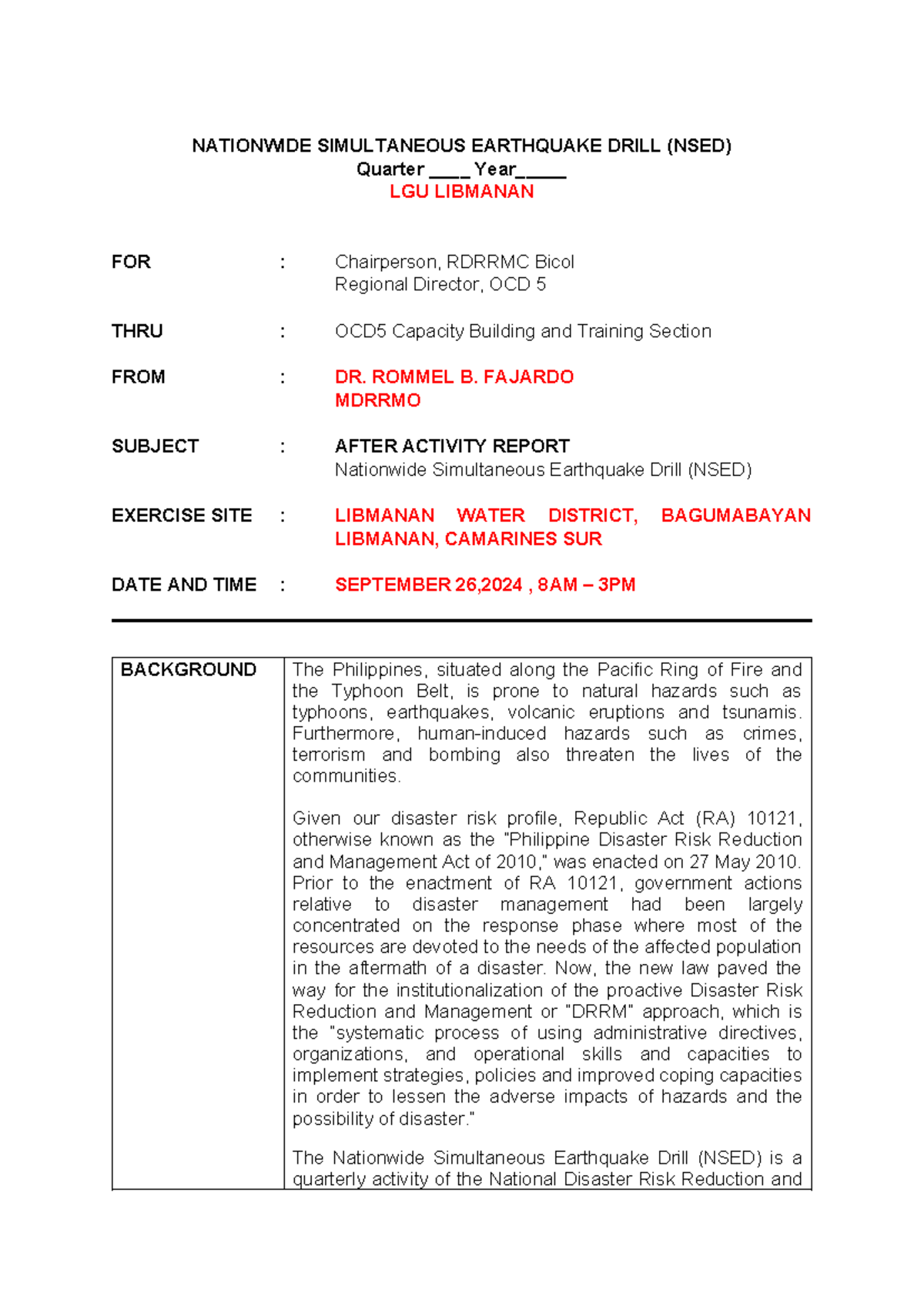 After Activity Report: Nationwide Simultaneous Earthquake Drill (NSED ...