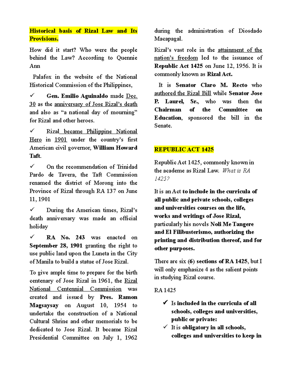 Life and Works of Rizal Lecture Notes - History of Rizal Law adn the RA ...