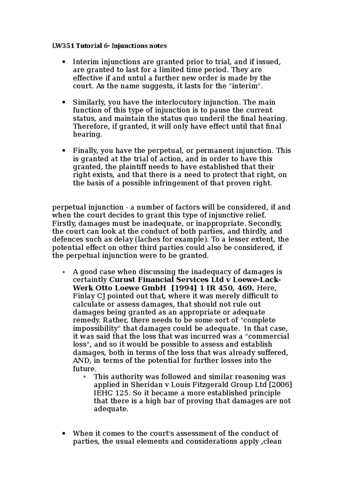 LW351 Tutorial 6: Key Principles of Injunctions and Case Law - Studocu