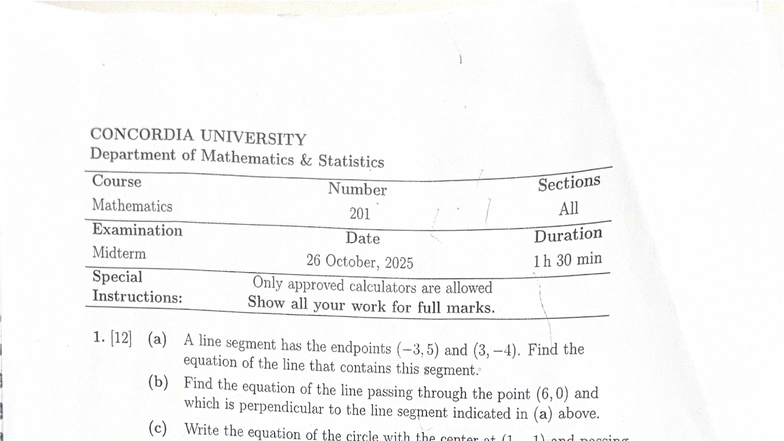Concordia University - Math 201 Fall 2025 Midterm Exam Guide - Studocu